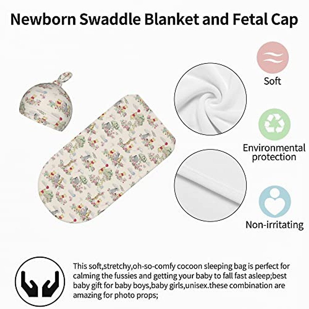 Baby Swaddle Blanket Nursery Wrap Newborn Receiving Blanket with Beanie Set，Soft Stretchy Baby Swaddling Blankets Infant Swaddle Sack for Baby Boy & Girl Gifts