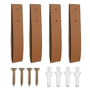 Rierdge Leather Wall Hooks, 4 Pcs Brown Wall Mounted Leather Straps Hanger, Leather Strap Towel Hook Shelf Holder for Kitchen Bathroom Bedroom