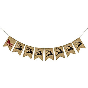 Santa's Sleigh & 7 Reindeer Burlap Banner - Ready to Hang Holiday Decor - Festive Christmas Seasonal Winter Decoration - Santa Sleigh Xmas Party Decorations - Santas Sleigh Garland by Jolly Jon