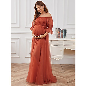 Ever-Pretty Women's Off-Shoulder A-line Tulle Puff Sleeve Maxi Maternity Dress for Baby Shower Burgundy US4