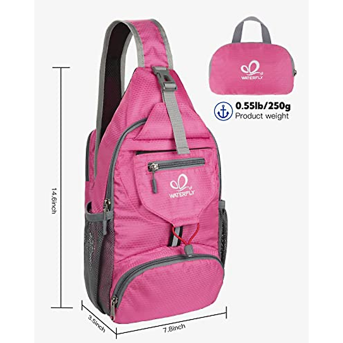 WATERFLY Packable Small Crossbody Sling Backpack Shoulder Chest Bag Daypack for Hiking Traveling