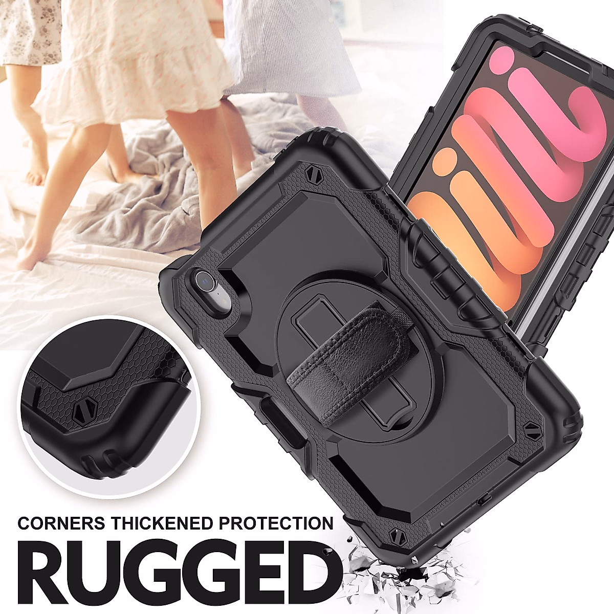 Blosomeet iPad Mini 6 Case 8.3" 2021 with Tempered Glass Screen Protector Pencil Holder [360 Rotating Hand Strap] &Stand, Heavy Duty Case for iPad Mini 6th Generation | Black