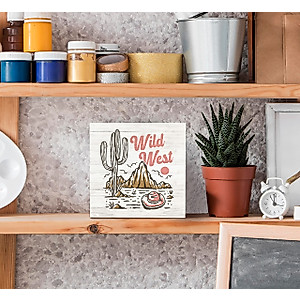 SRADMO Retro Western Country Cowboy Hat Cactus Mountain Wood Box Sign Desk Decor，Wild West Wooden Block Box Sign Decoration For Western Home Shelf Table Decor