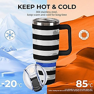 Large Capacity Stainless Steel Cup, Funny American Thin Blue Line Flag Police Pattern Black Handle Insulated Tumbler with Lid and Straw, 40 oz Water Bottle for Meeting, Travel