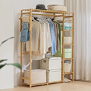 MoNiBloom Bamboo 6-Tier Garment Rack with Shelves Closet Coat Storage Organizer Clothes Hanging Rack with Pants Rack & Hooks for Bedroom, Living Room, Office, Mudroom, Natural