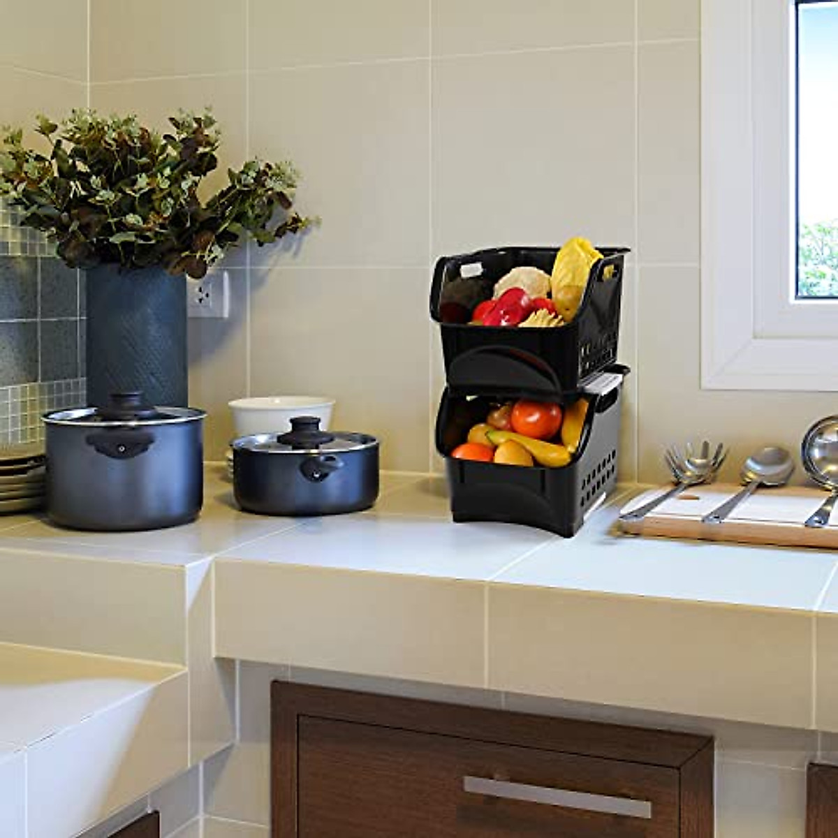 Nicesh Plastic Stacking Bins, Stackable Storage Basket Trays, Black, Set of 3