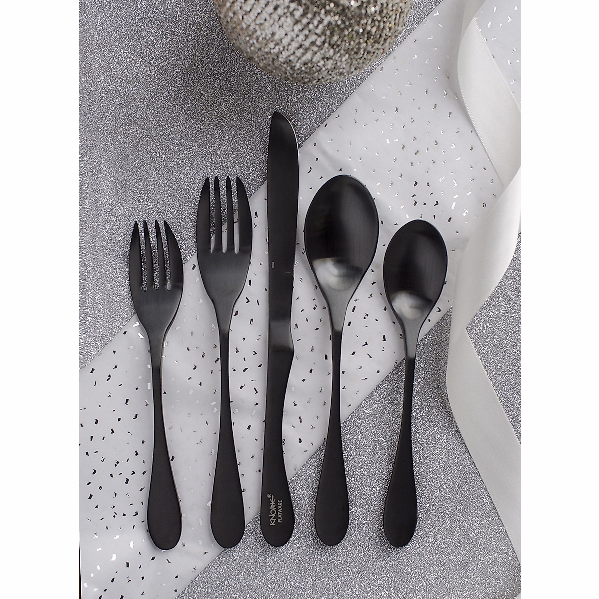 KNORK Titanium Coated 5 Piece Flatware Set, Matte Black