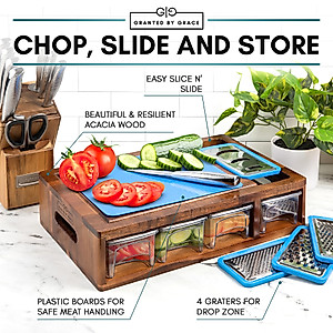 Granted By Grace Acacia Cutting Board with Containers & Lids - Board Meal Prep System w 4 Graters, 2 Plastic Chopping Board for Meat, Juice Grooves & More - Cutting Board Prep Station for Kitchen