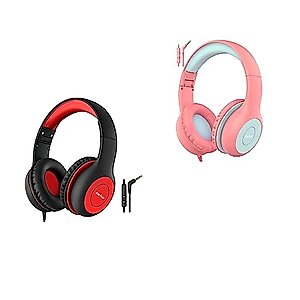 EarFun Kids Headphones Wired with Microphone, 85/94dB Volume Limit Headphones for Kids, Portable Wired Headphones with Shareport, Black Red & Pink
