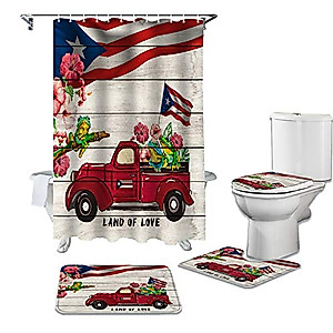 Puerto Rican Flags and Frogs on Board Shower Curtain Sets 4 Pieces with Non-Slip Rugs,Waterproof Bathroom Curtains, Hibiscus Flowers and Truck Decor Bath Mat, Toilet Lid Cover and Floor Door Mat