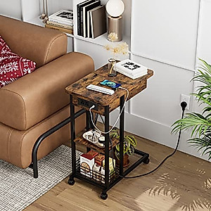 C Shaped Side Table, Mobile Couch Snack Side Table with USB Ports and Charging Station, Narrow End Table with 3 Tier Storage Shelf with Wheels for Small Spaces, Living Room, Bedroom