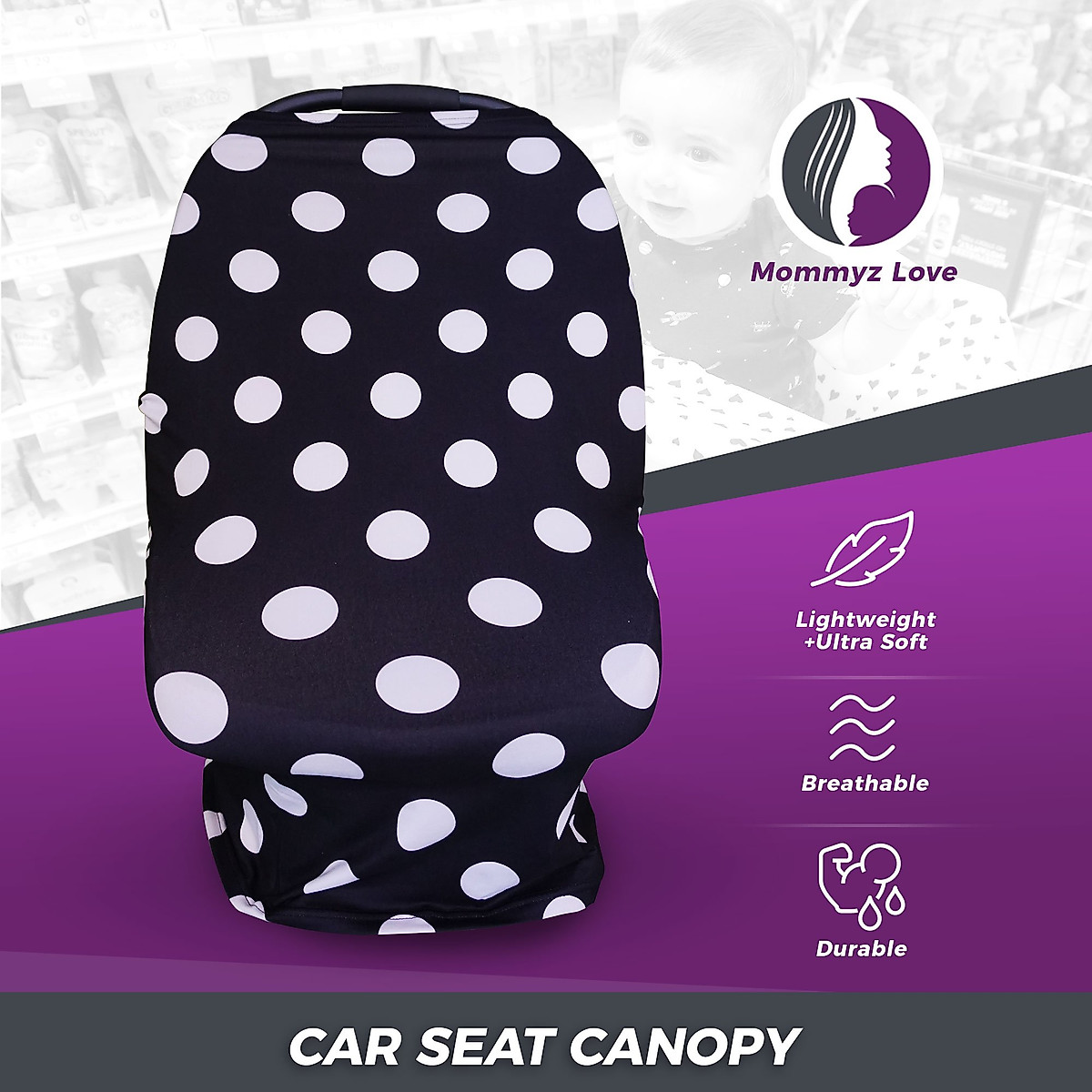 Nursing Breastfeeding Cover/Scarf + Baby Car Seat Cover/Canopy + Shopping Cart/Stroller Cover + High Chair Cover for Infant Girls and Boys. Best 4 in 1 Multi Use Stretchy Covers (Dots)