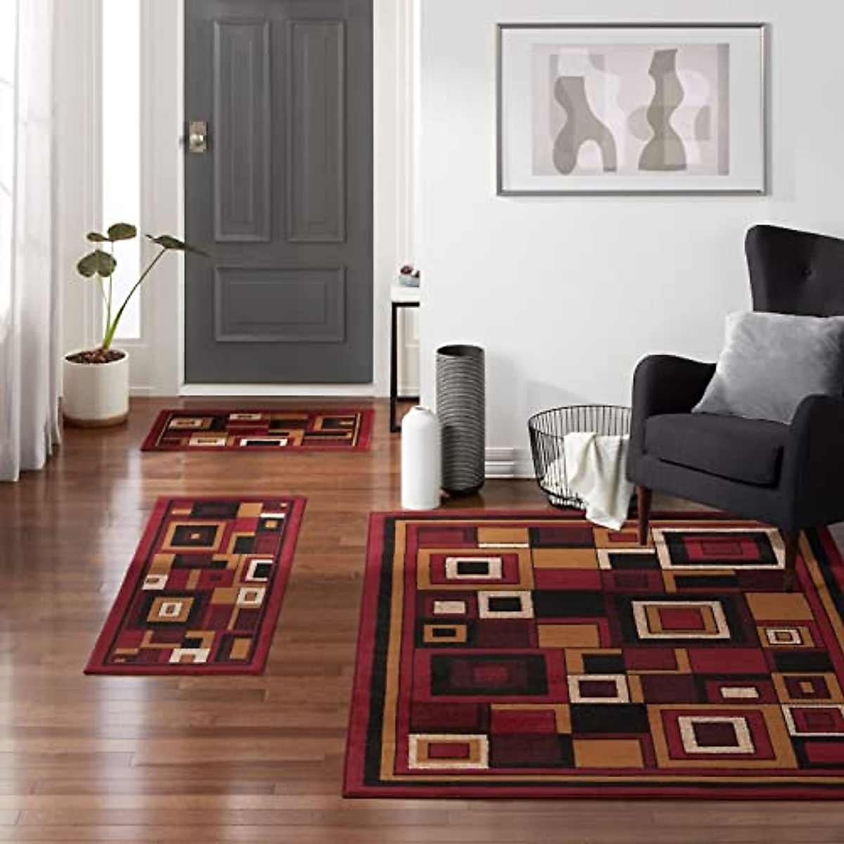 Home Dynamix Ariana Mey Area Rug 3 Piece Set (4'11" x6'11,1'8" x4'11,1'8" x2'8), Geometric Red