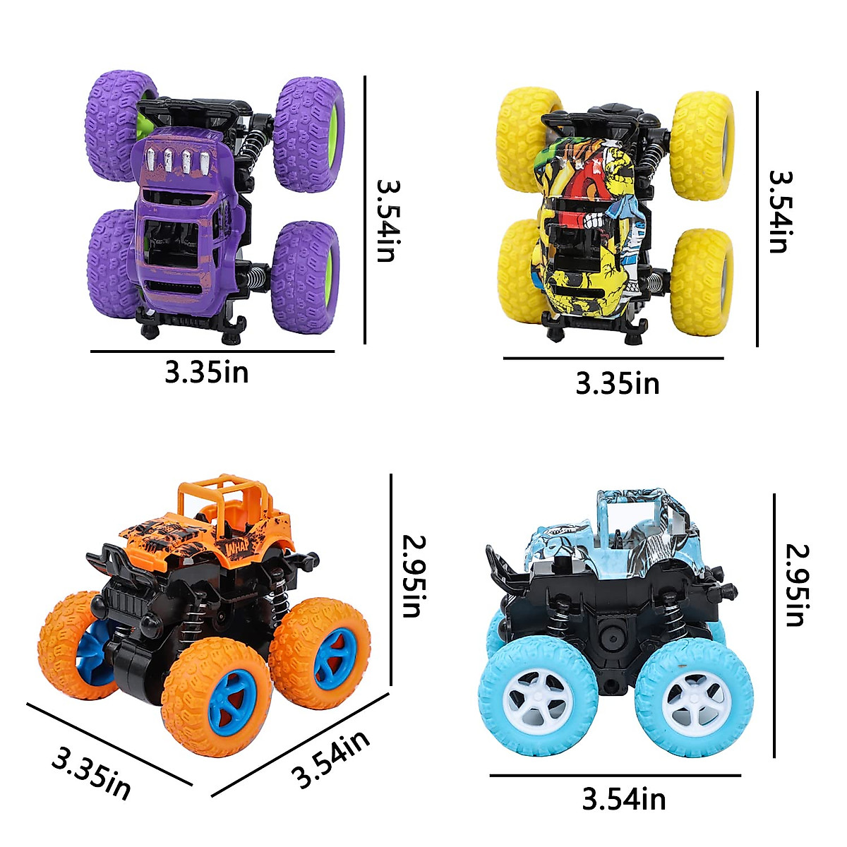 4-Pack Friction-Powered Monster Trucks with 360-Degree Rotation, Durable Toys for Boys and Girls Ages 3-12