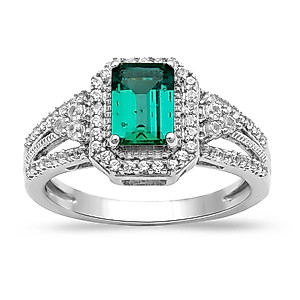 Jewelili Sterling Silver 7x5MM Octagon Created Emerald and Round Created White Sapphire Halo Ring, Size 7