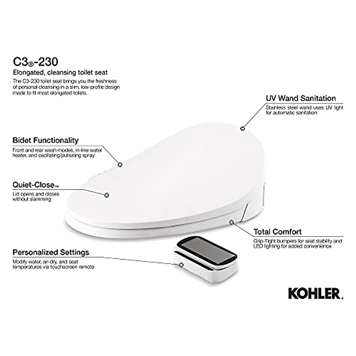 KOHLER 4108-96 PureWash E750 Elongated Electric Bidet Toilet Seat with Remote Control, Bidet Warm Water with Dryer for Existing Toilets, Biscuit