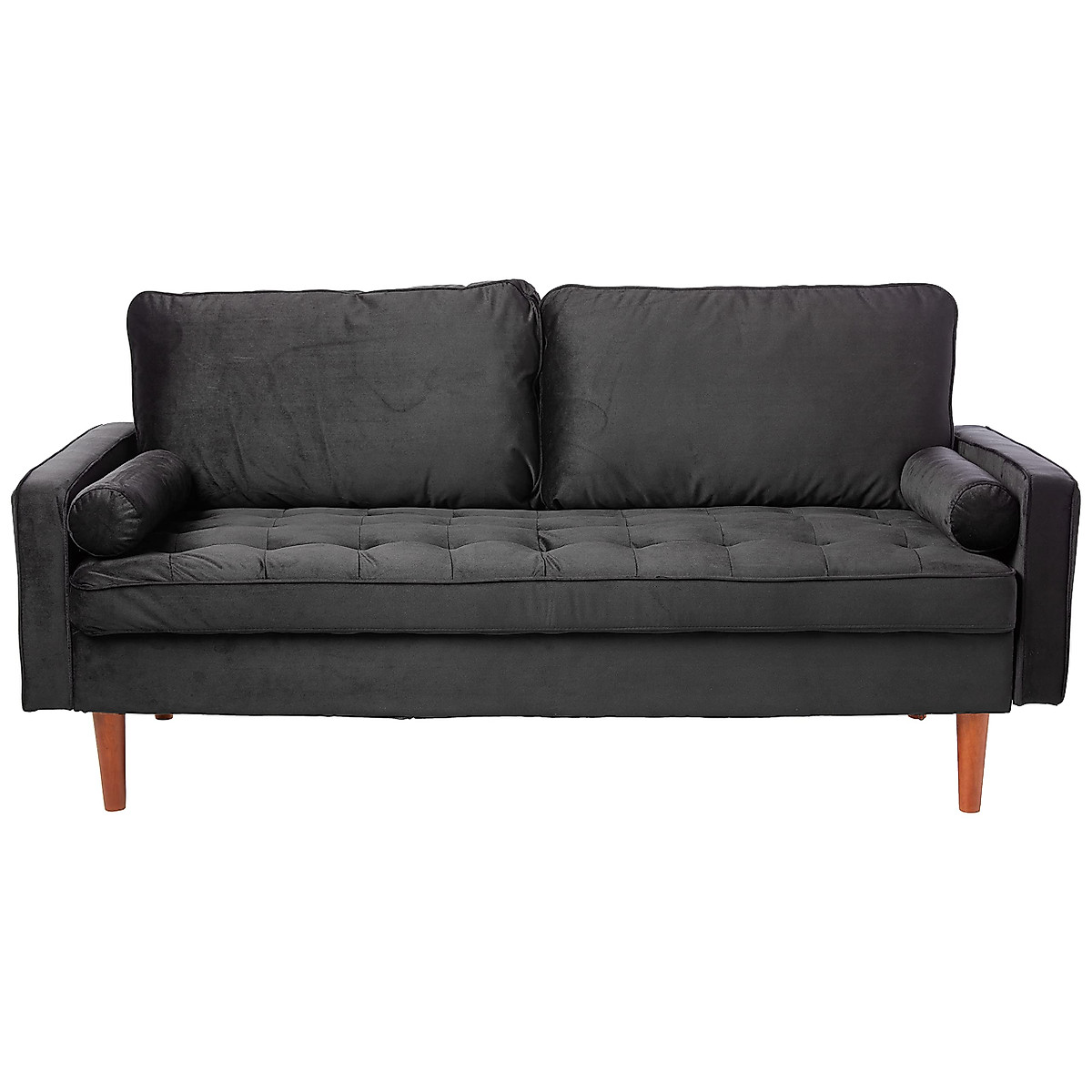 US Pride Furniture Haven Modern Velvet Sofa with Bolster Pillows, Button Tufted Seat, Track Arms and Solid Wood Legs, Couches for Living Room, Bedroom and Home Office, Black