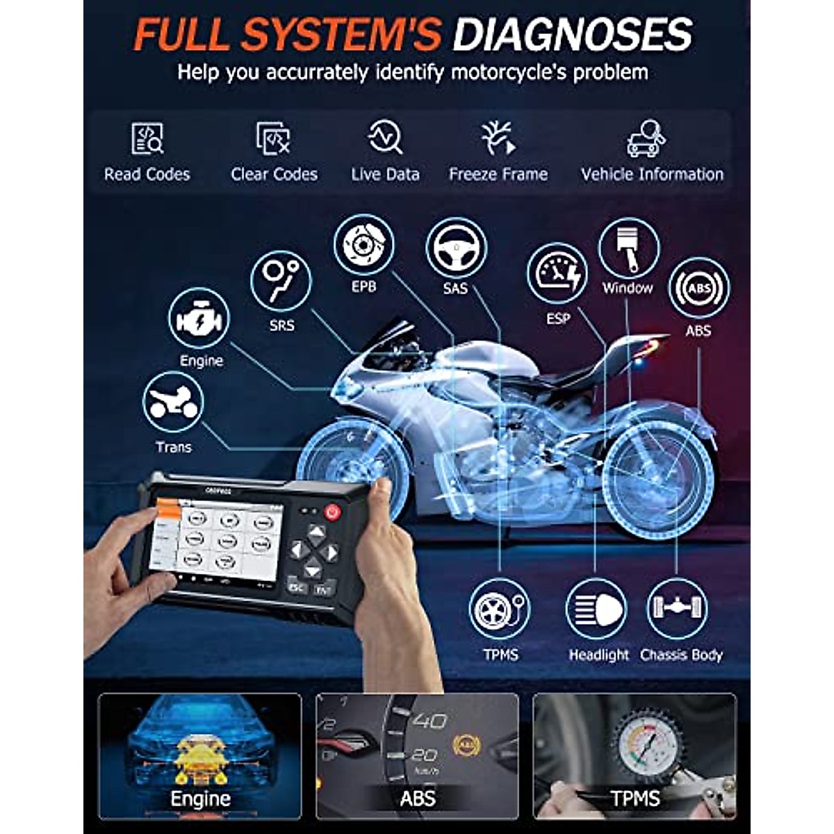 Motorcycle Diagnostic Scan Tool, OBDPROG Moto 100 Full System Scanner for Harley Honda Yamaha Victory Indian Polaris Brp, Engine ABS TPMS Auto Scan Code Reader, Oil Light Reset, 5.0 Touch Screen