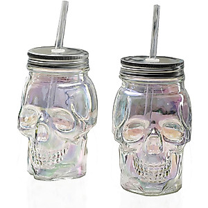 Circleware Skull Face Beer Glass Mason Jars with Lids and Straws, Set of 2, Heavy Base Fun Entertainment Glassware Beverage Drinking Cup for Water, Wine & Bar Decor Novelty Gifts,16 oz, 2pc