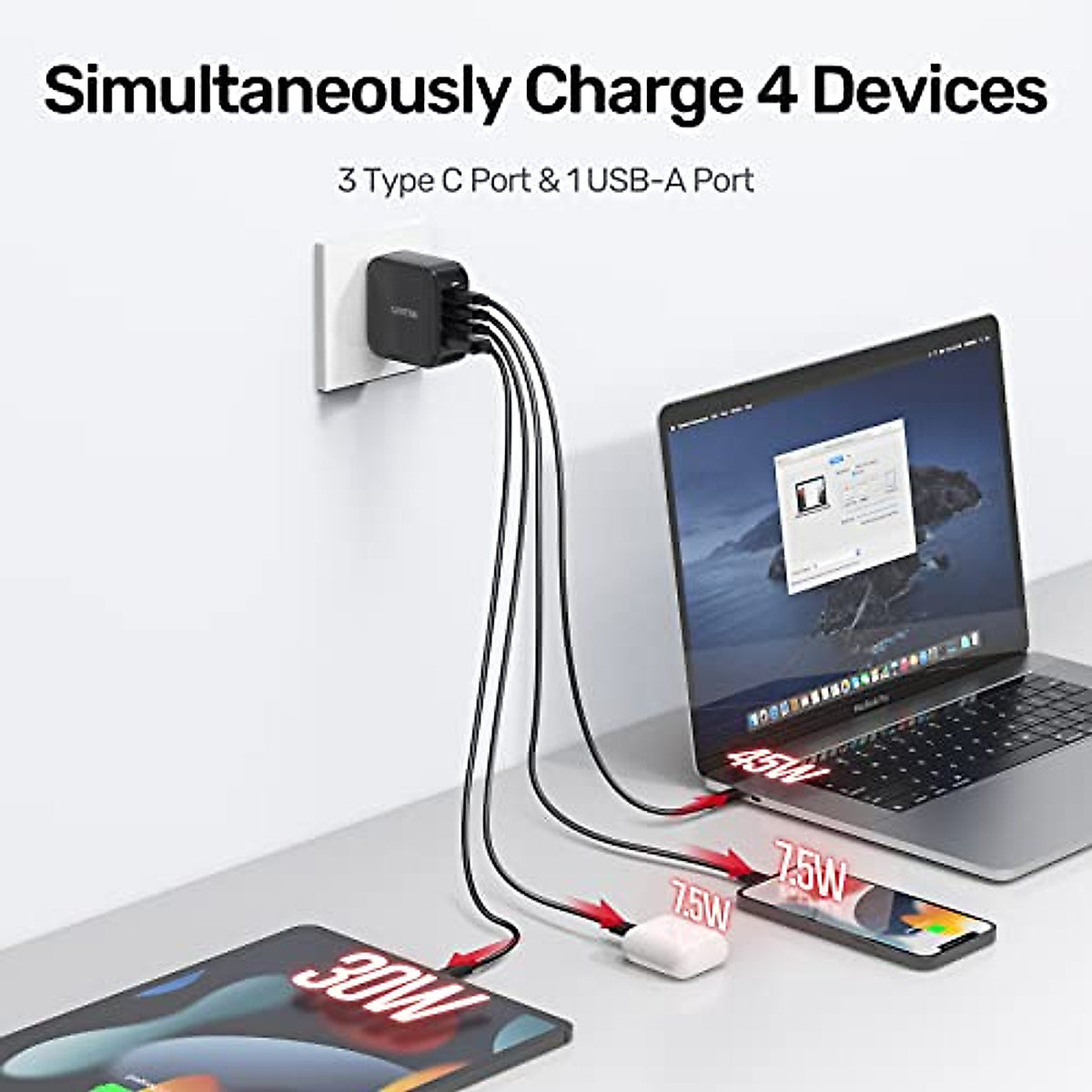 Unitek USB C Fast Charger - 100W PD Gan Block Charge Ultra Small 4 Port Wireless Type C & USB A Wall Charger Compact Travel Power Adapter Super Quick for Ipad iPhone Samsung MacBook Laptop