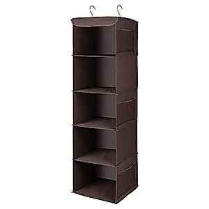 Flexzion Hanging Shoe Shelves, 5 Shelf Cloth Closet, Clothing Storage Organizers w/ 6 Side Mesh Pockets, Portable Suspended Hanger Holder, Wall/Over The Door Design for Wardrobe Bed Bathroom, Brown