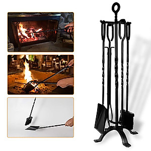 AMAGABELI GARDEN & HOME 5 Pieces Fireplace Tools Set Indoor Wrought Iron Fire Place Pit Large Poker Wood Stove Log Firewood Tongs Holder with Handles Modern Black Outdoor Accessories Kit