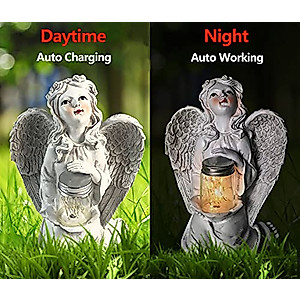 Hewory Solar Angel Garden Statue, Guardian Angel Solar Light Figurine, Memorial Gifts Resin Sculpture Outdoor Decor for Home Patio Yard Lawn Porch
