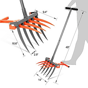 Walensee Broad Fork Tool Cultivator Tiller Manual Hand Tiller with 9 Steel Tines for Garden & Lawn 2-IN-1 Garden Twist Tiller for Regularly Digging and Crushing Soil, Pitchfork Boradfork Tool For Farm