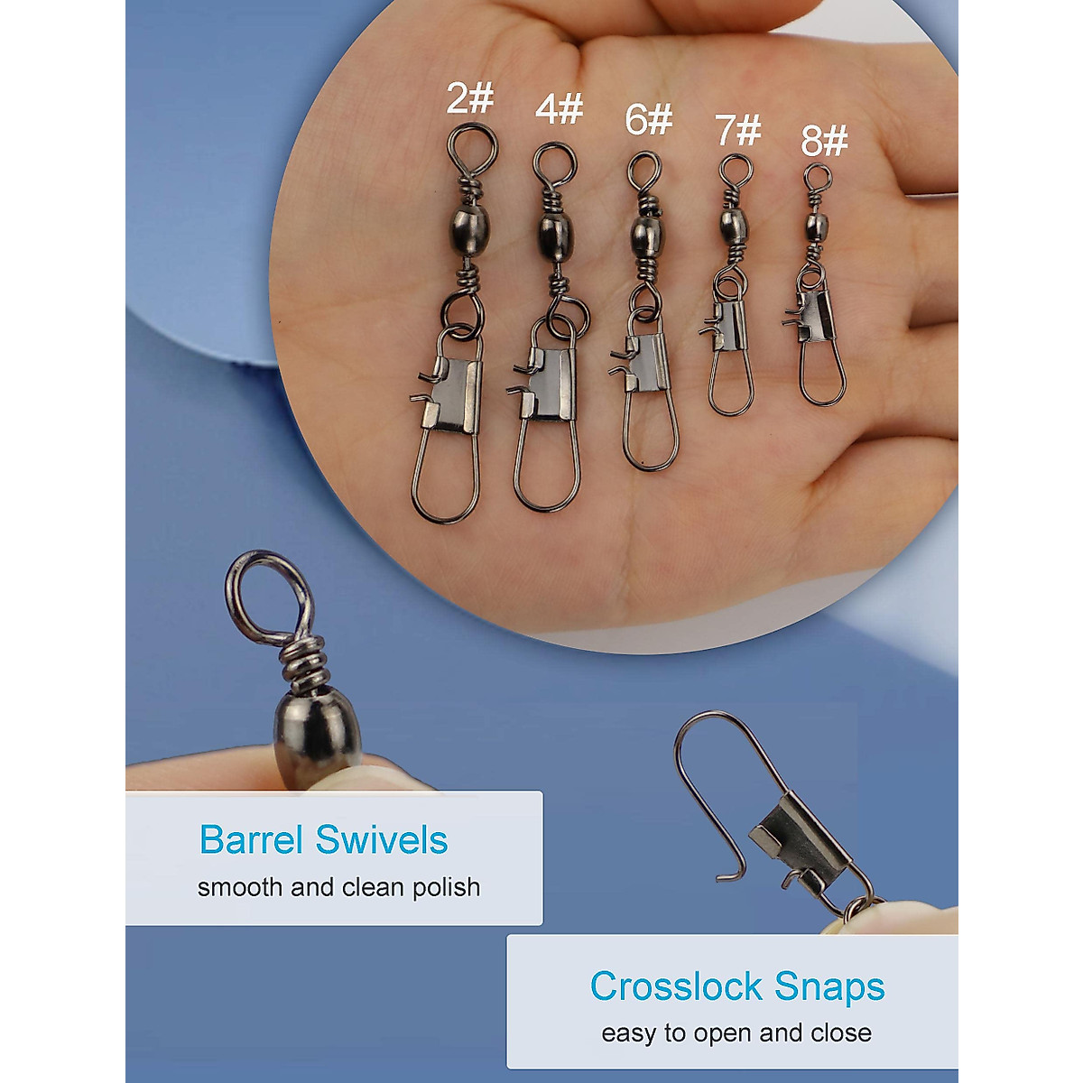 Beoccudo 210pcs Barrel Swivels with Snaps, Fishing Swivels Saltwater Freshwater Snap Connector