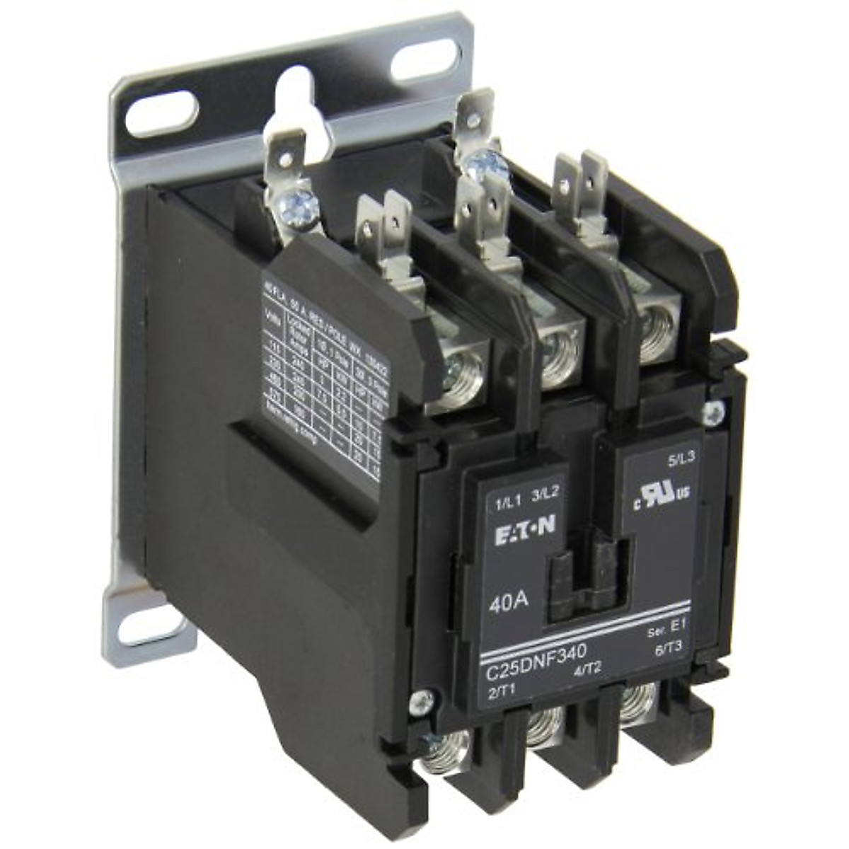 Eaton C25DNF340A Definite Purpose Contactor, 50mm, 3 Poles, Box Lugs, Quick Connect Side By Side Terminals, 40A Current Rating, 3 Max HP Single Phase at 115V, 10 Max HP Three Phase at 230V, 20 Max HP Three Phase at 480V, 120VAC Coil Voltage