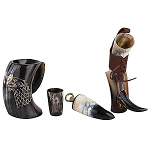 Brainmart Viking Drinking Horn Mug Set Dire Wolf Engraved Viking Gift for Men and Women Food Grade Medieval Style | Bottle Opener Shot Cup (6 Pcs Set)