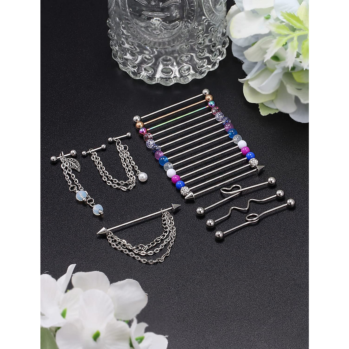 Uzgtvy 16G Industrial Earrings Bar Barbells Piercing Jewelry 316L Stainless Surgical Steel Silver Dangle Industrial Ear Earring Rings Chain Cartilage Helix Industrial Piercing Jewelry 38mm Women Men