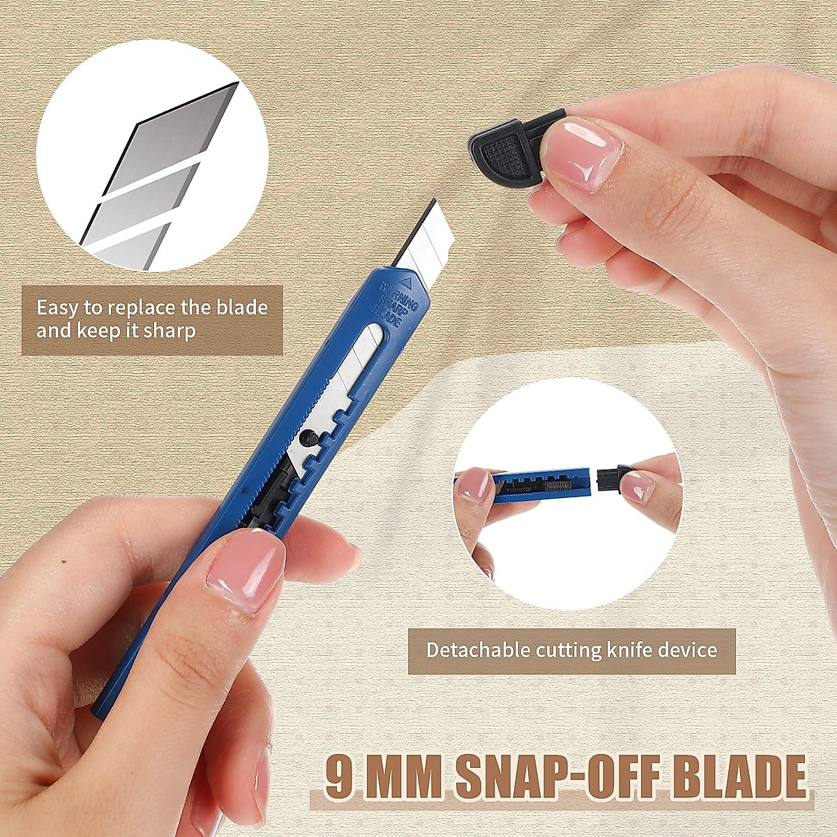 Lasnten 200 Pcs Box Cutter Utility Knife Small Retractable Knife 9mm Wide Snap off Blade Knife Plastic Compact Box Opener with Sliding Lock Tools for Home Office Arts Crafts, 3 Colors