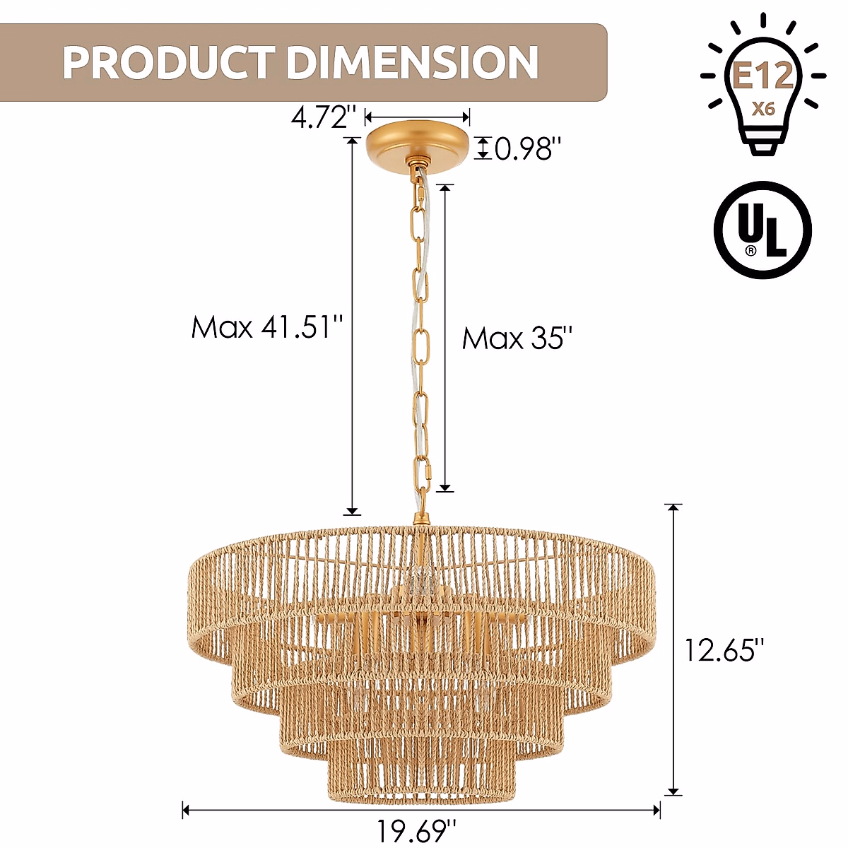 ELYCCUPA 6-Lights Hand-Woven Rattan Pendant Light 4 Round Transitional Minimalist Boho Large Pendant Light for Kitchen Island Dining Room Living Room Hallway, Dia 20 Inch, UL Listed
