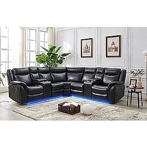 Modern Manual Reclining Motion Corner Sectional Sofa Couch ,PU Leather Upholstered Recliner Sofa & Couch W/ 2 Console Storage, 4 Cup Holders ,USB Ports and LED Stripes for Living Room Furniture Sets