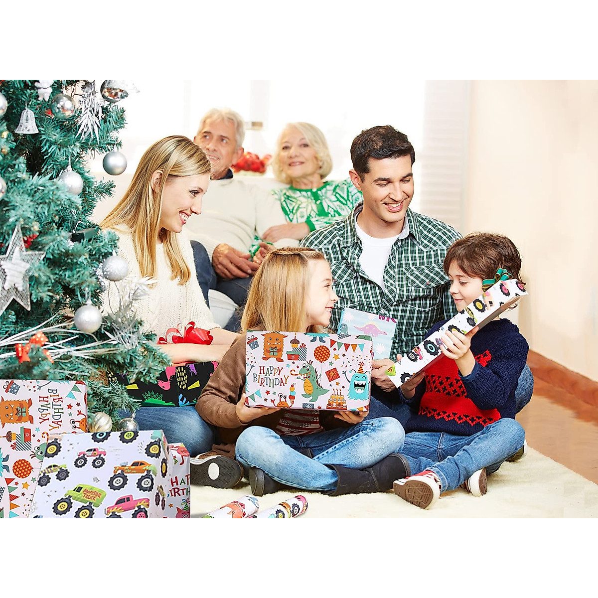 CAMKUZON Birthday Wrapping Paper Rolls for Kids Boys Girls Baby Shower Holiday - Cartoon Dinosaur, Monster Truck and Happy Party Designs Gift Wrap - Pack of 3, 17.7 Inch X 10 Feet Per Roll