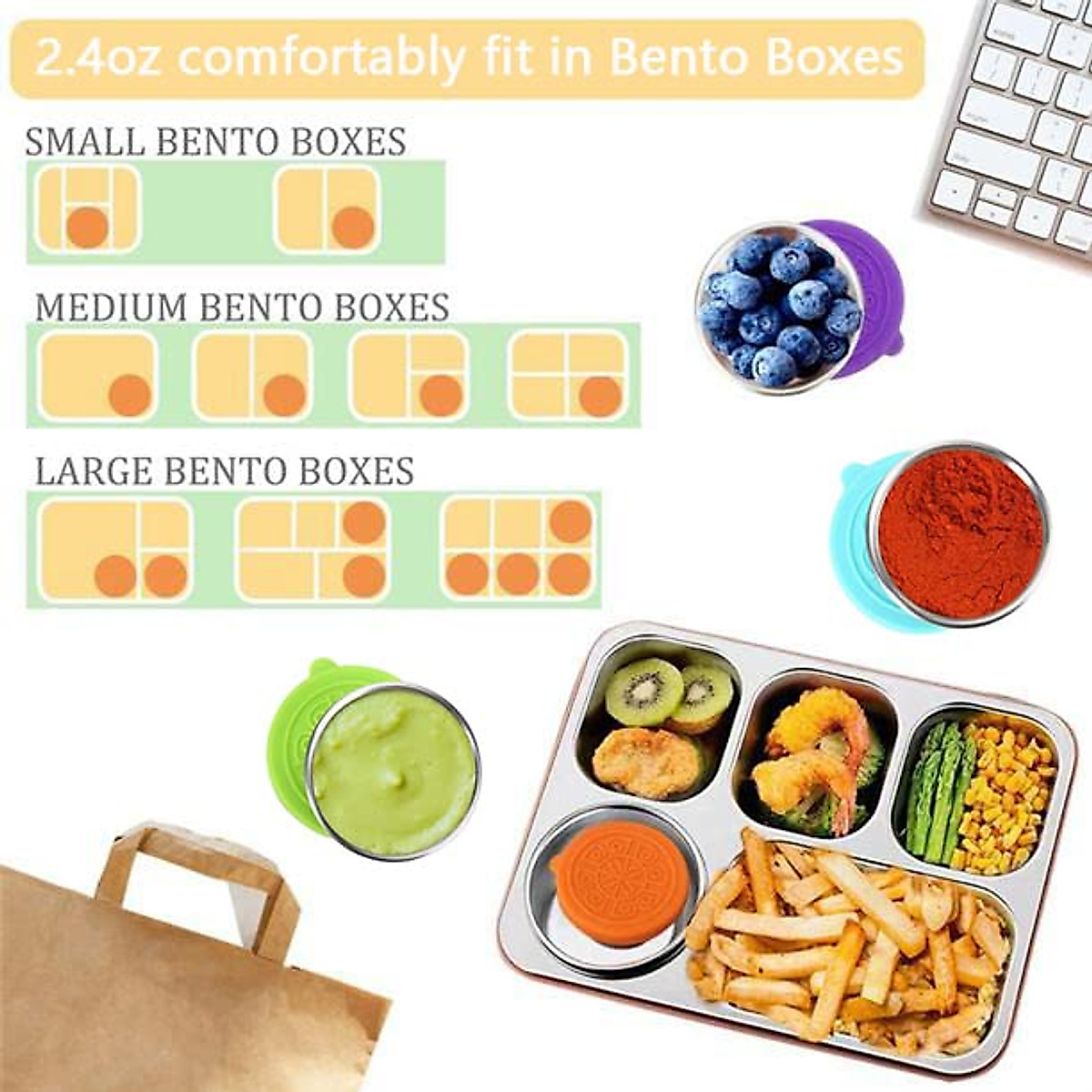 ZQXUNMQ 6pack Salad Dressing Containers To Go,2.4oz Small Condiment Containers With Lids, Stainless Steel Condiment Cup Dipping Sauce Cups Container For Lunch Bento Box Leakproof Silicone Lids