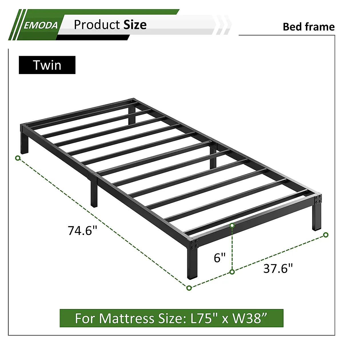 EMODA 6 Inch Twin Bed Frames No Box Spring Needed, Heavy Duty Metal Twin Platform Bed Frame, Noise Free, Easy Assembly, Black