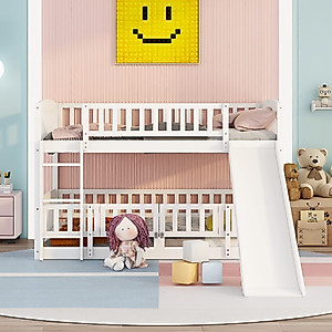 DreamBuck Full Over Full Bunk Bed with Convertible Slide and Ladder, Wood Low Bunk Bed with Fence for Toddler/Kids/Teens, Floor Bunk Bed for Boys/Girls, Space Saving, Easy Assembly, White