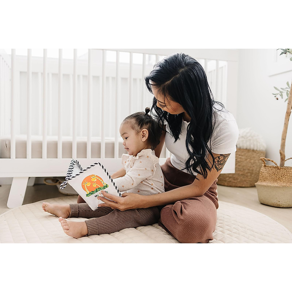 My First Photo Album for Baby with Adorable Giraffe Family, Soft Fabric Cover, Holds 15 Photos, Wipeable Pages, Baby Safe Mirror by Genius Baby Toys