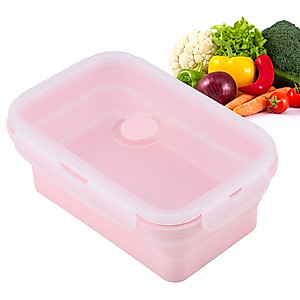 Silicone Food Storage Containers, Rectangle Lunch Boxes Collapsible Meal Prep Containers for Picnic Travel, Microwave Freezer Dishwasher Safe(800ML Pink)