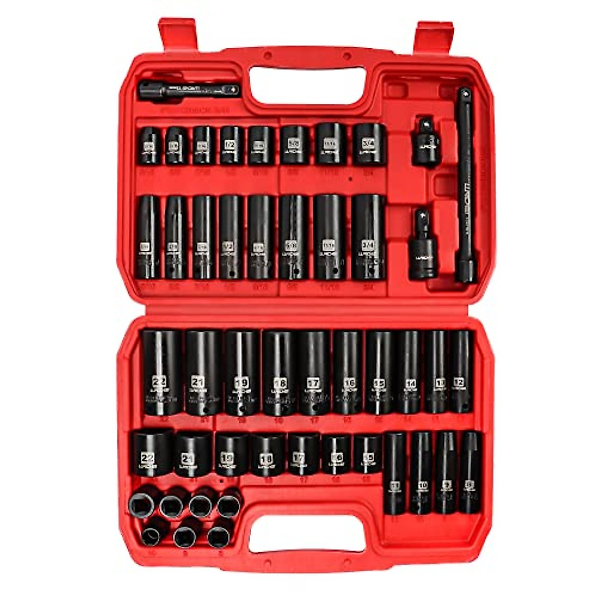 LLNDEI 3/8" Drive Impact Socket Set SAE and Metric (5/16"- 3/4", 8-22mm) 48pcs, CR-V Steel, 6 Point Sockets, Extension Bar (3-in, 6-in), 1/2"F to 3/8"M Reducer, 3/8" Universal Joint