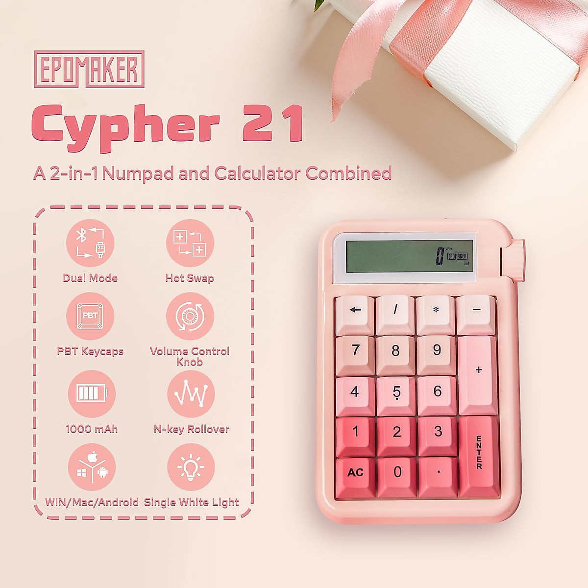 EPOMAKER Cypher 21 Wireless Mechanical Number Pad, 18 Keys Numeric Keypad with Multifunction Knob, Single White Light, NKRO (Pink, Wisteria Linear Switch)