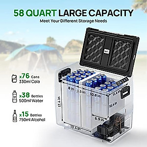 F40C4TMP 12 Volt Portable Refrigerator, 58 Quart Dual Zone Car Freezer, Independent Temperature Control -4℉ to 50℉, 55L Compressor Fridge, Camping, Travel, Trip, Vehicle, Home, 12V/24V DC & 110V AC