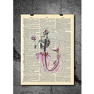 Skeleton Mermaid Dictionary Art Print - Vintage Dictionary Print 8x10 inch Home Vintage Art Abstract Prints Wall Art for Home Decor Wall Decorations Ready-to-Frame