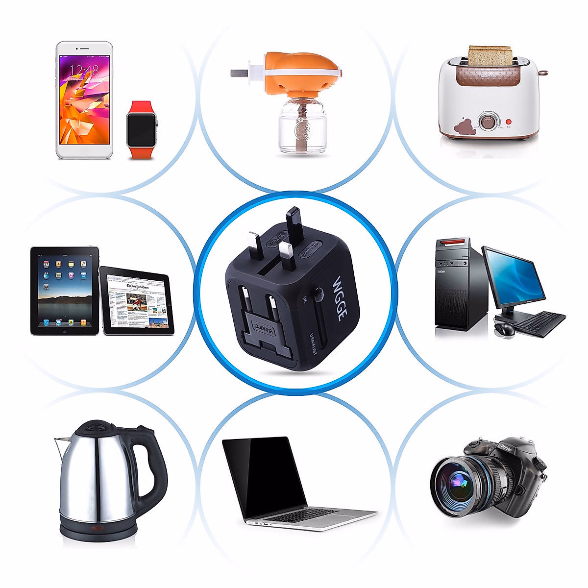 Travel Adapter,WGGE Multi-Nation Travel Adapter, All-in-one International Power Adapter with 2.4A Dual USB,Worldwide Power Adapter Wall Charger for US,UK,EU,AU,ASIA Cover more than150 countries BLACK