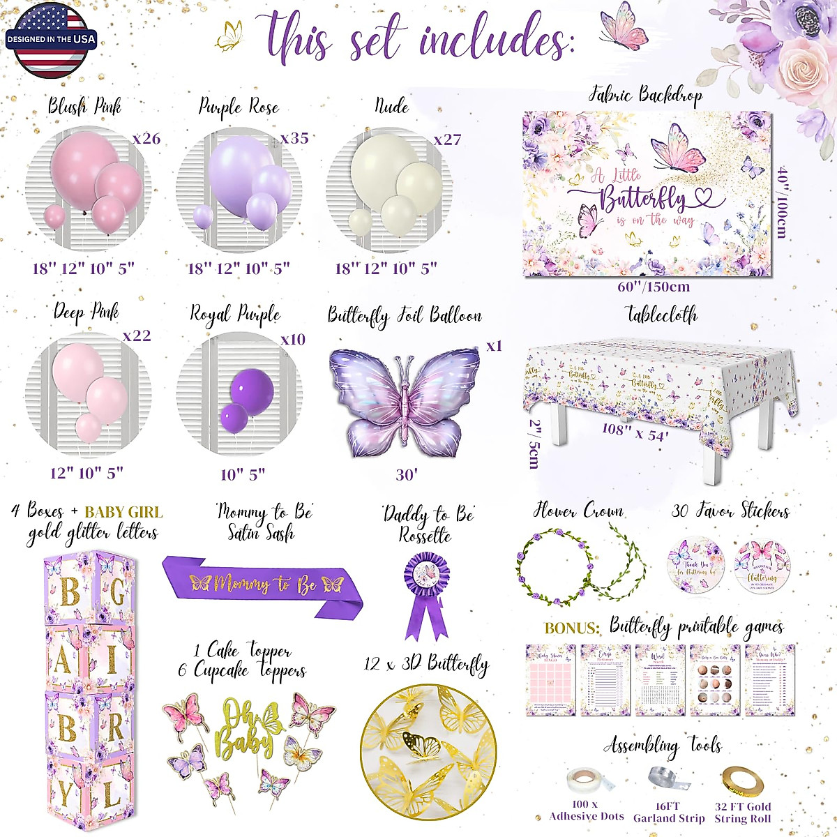 195 Pc Butterfly Baby Shower Decorations for Girl with Pink and Purple Butterfly Balloon Arch Kit, Baby Girl Boxes, Backdrop, Tablecloth, Sash, Cake and Cupcake Toppers, Crown and more