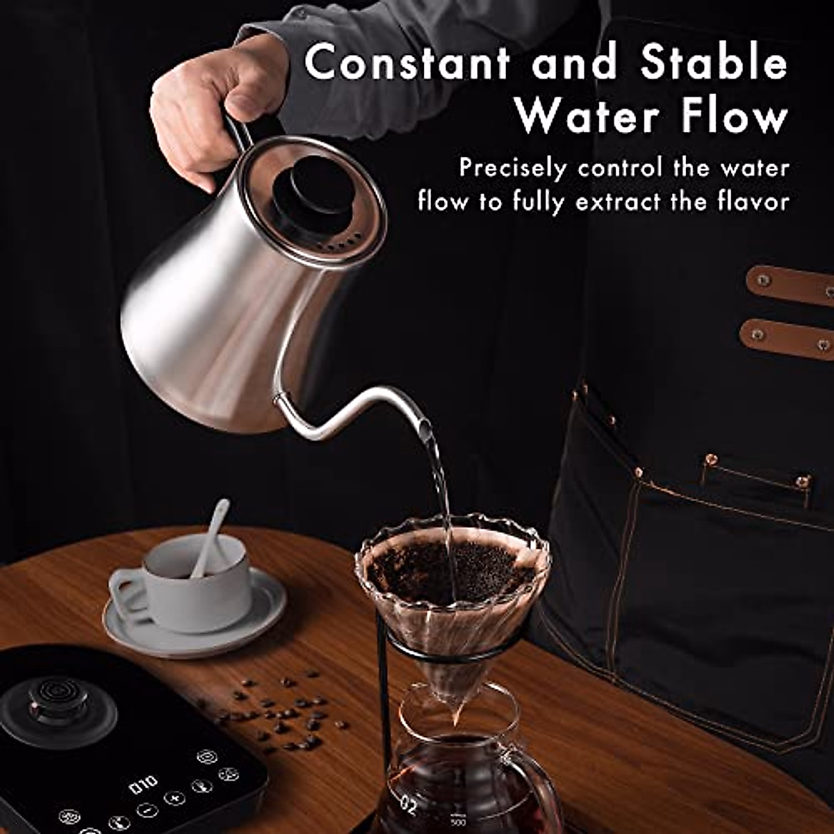KYERLISH Electric Gooseneck Kettle 1.0L Temperature Control, Pour Over Kettle with 6 Variable Presets & Built-in Timer, 100% Stainless Steel Gooseneck Coffee Kettle & Tea Kettle, 1200W Quick Heating