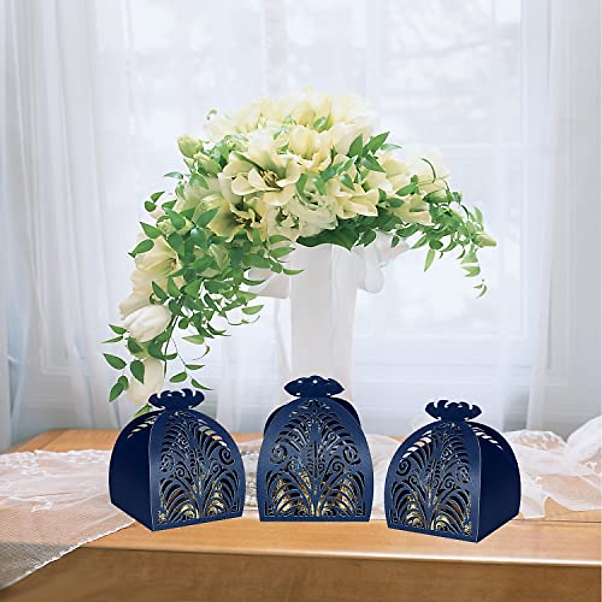 KPOSIYA Pack of 70 Laser Cut Favor Boxes, 2.8”x2.5”x3.2” Wedding Party Small Gift Boxes Hollow Out Candy Box for Wedding Birthday Party Baby Shower Bridal Shower Favors (pack of 70, Navy)