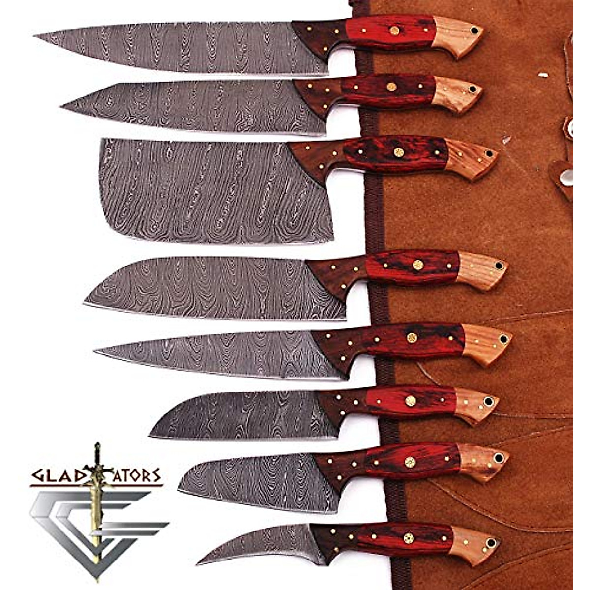GladiatorsGuild G29RD- Professional Kitchen Knives Custom Made Damascus Steel 8 pcs of Professional Utility Chef Kitchen Knife Set with Chopper/Cleaver with Pocket Case Chef Knife Roll Bag (Red)